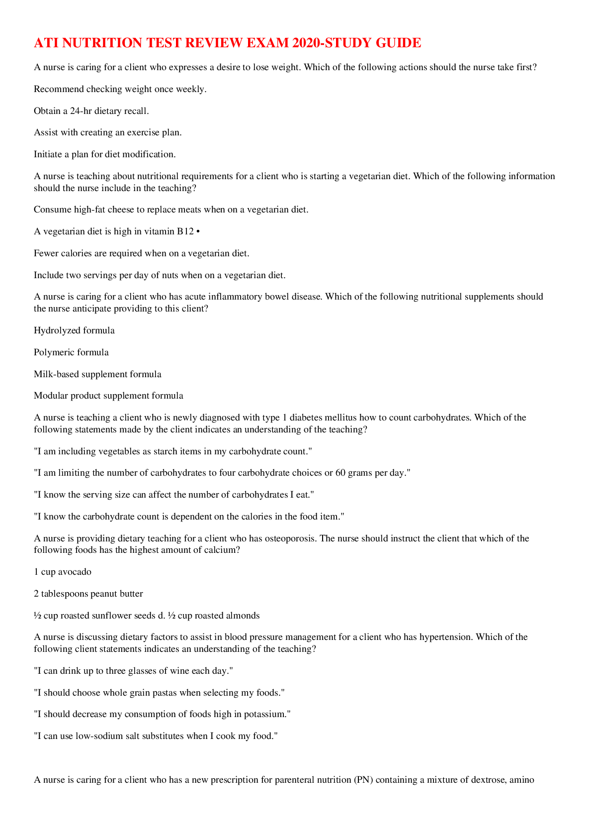 ATI NUTRITION TEST REVIEW EXAM 2020-STUDY GUIDE - Scholarfriends