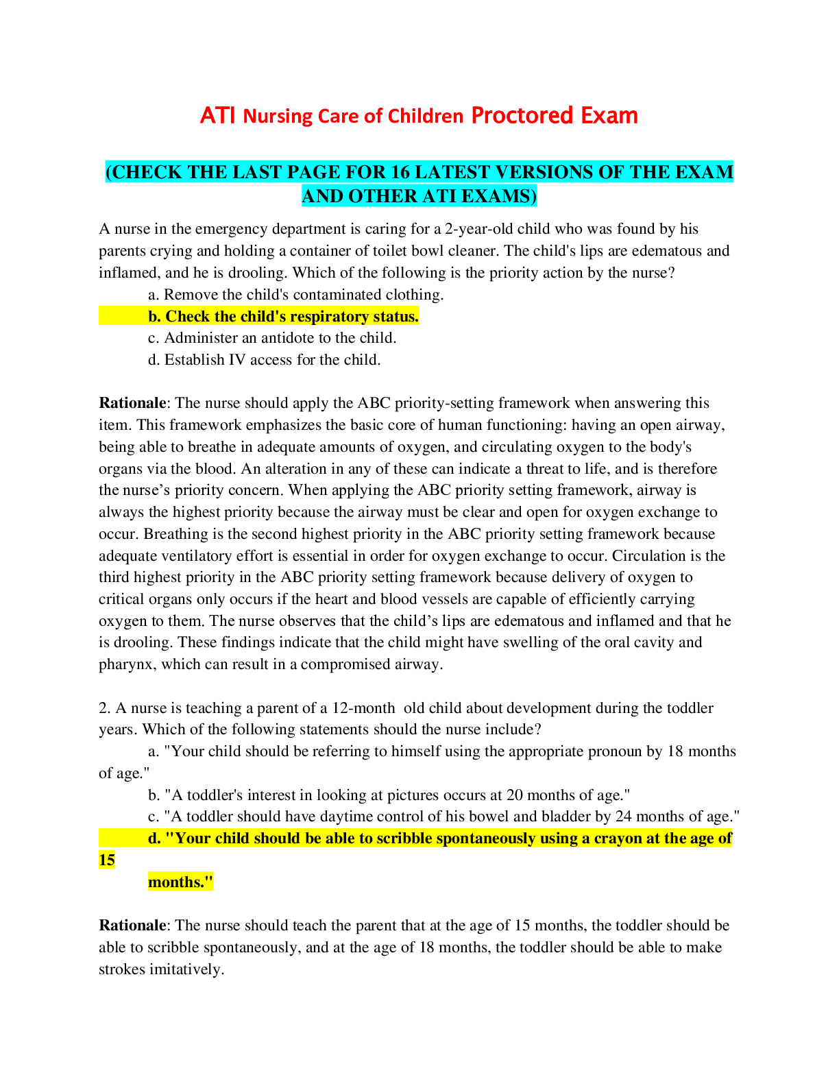 ATI Nursing Care of Children Proctored Exam 2021 2022 - Scholarfriends