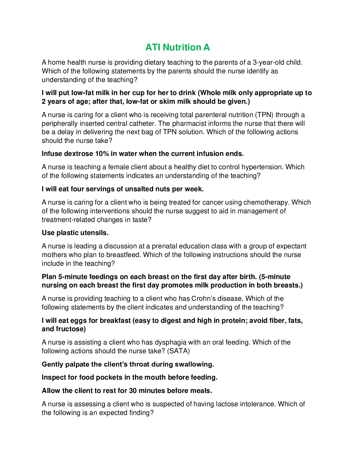 ATI Nutrition A Questions And Answers (100% ) Complete Guide ...