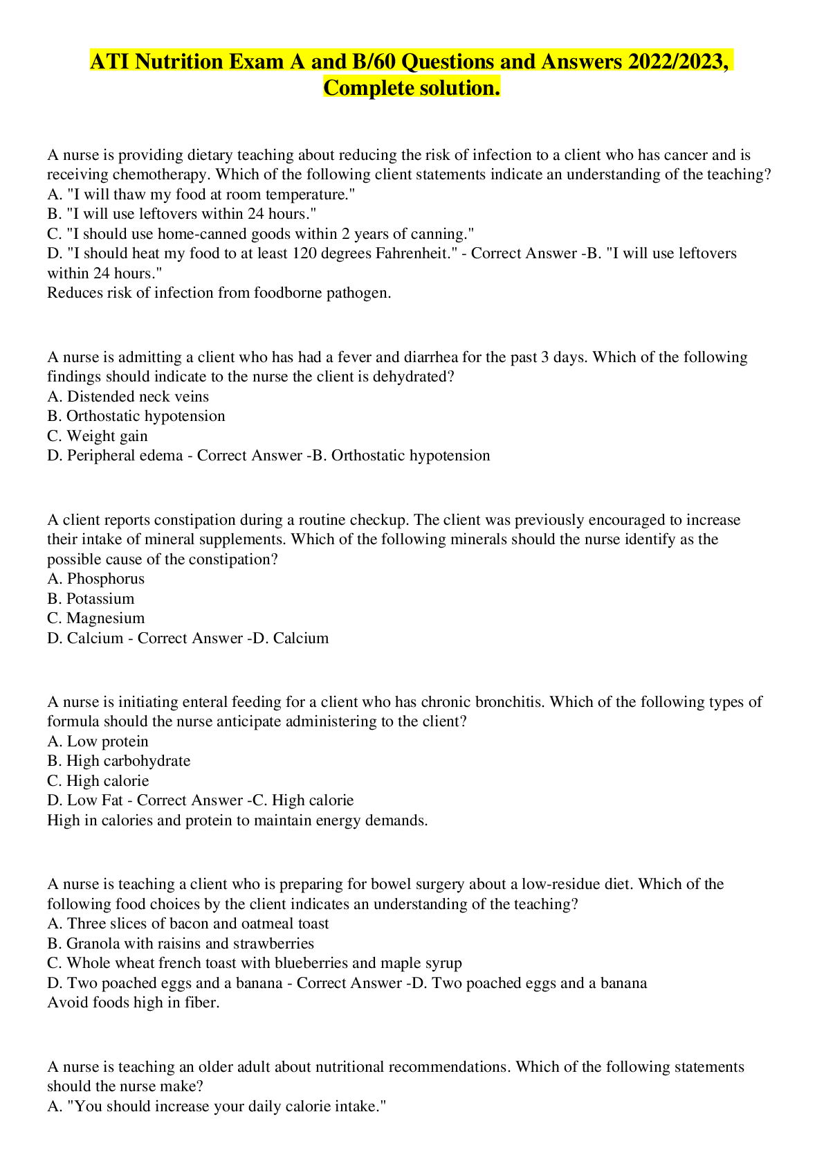 ATI Nutrition Exam A and B/60 Questions and Answers 2022/2023, Complete ...