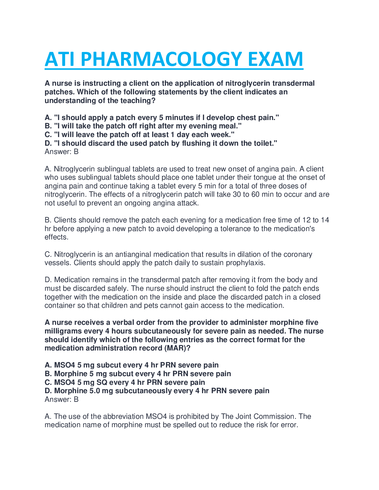 ATI PHARMACOLOGY ACTUAL EXAM QUESTIONS AND ANSWERS 2022/2023 FALL ...