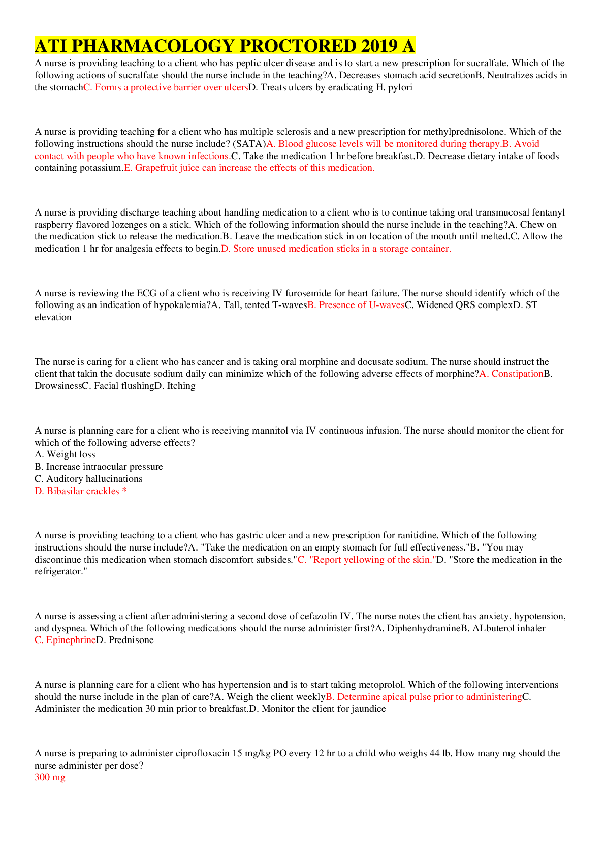 ATI PHARMACOLOGY PROCTORED 2019 A - Scholarfriends