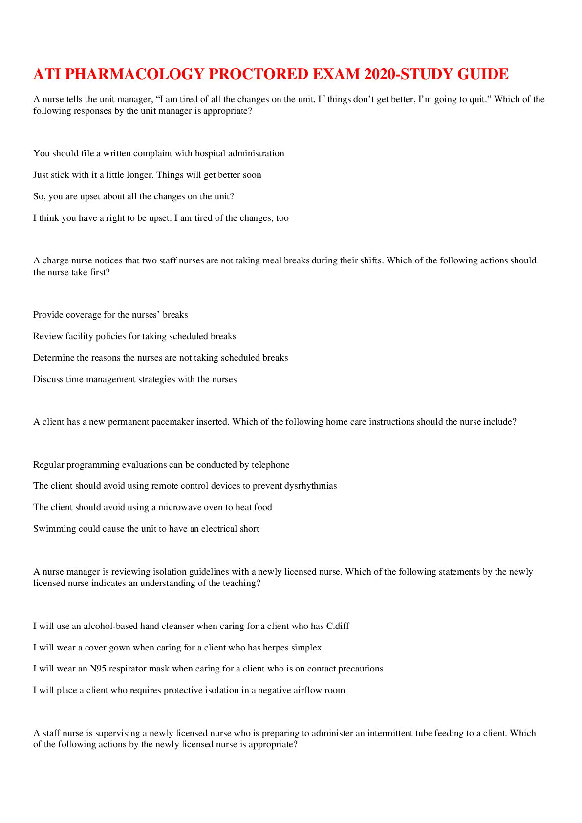 ATI PHARMACOLOGY PROCTORED EXAM 2020-STUDY GUIDE - Scholarfriends