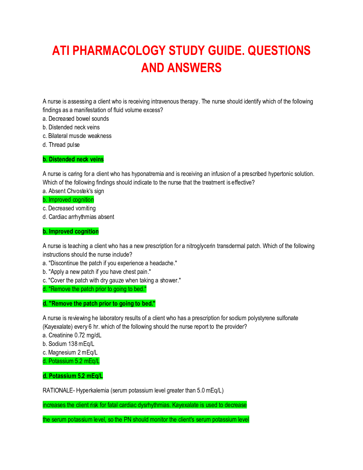 ATI PHARMACOLOGY STUDY GUIDE. QUESTIONS AND ANSWERS – Scholarfriends ...