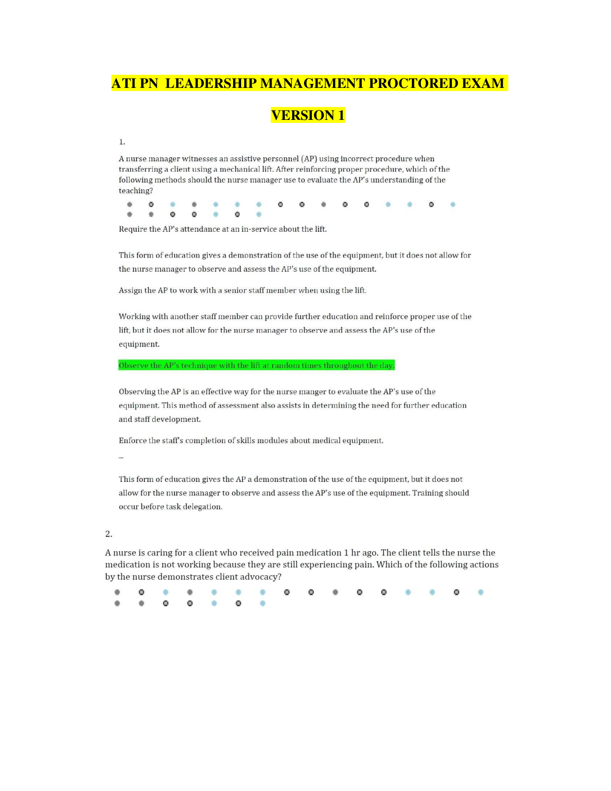 ATI PN Leadership Management Proctored Exam ( Version 1 ) Complete ...