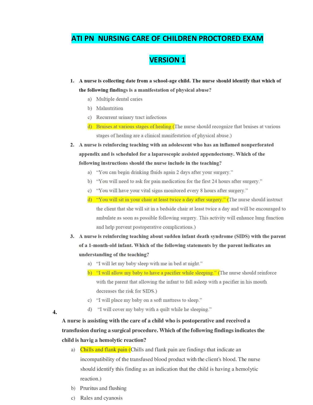 ATI PN Nursing Care Of Children Proctored Exam Version 1 Complete ...