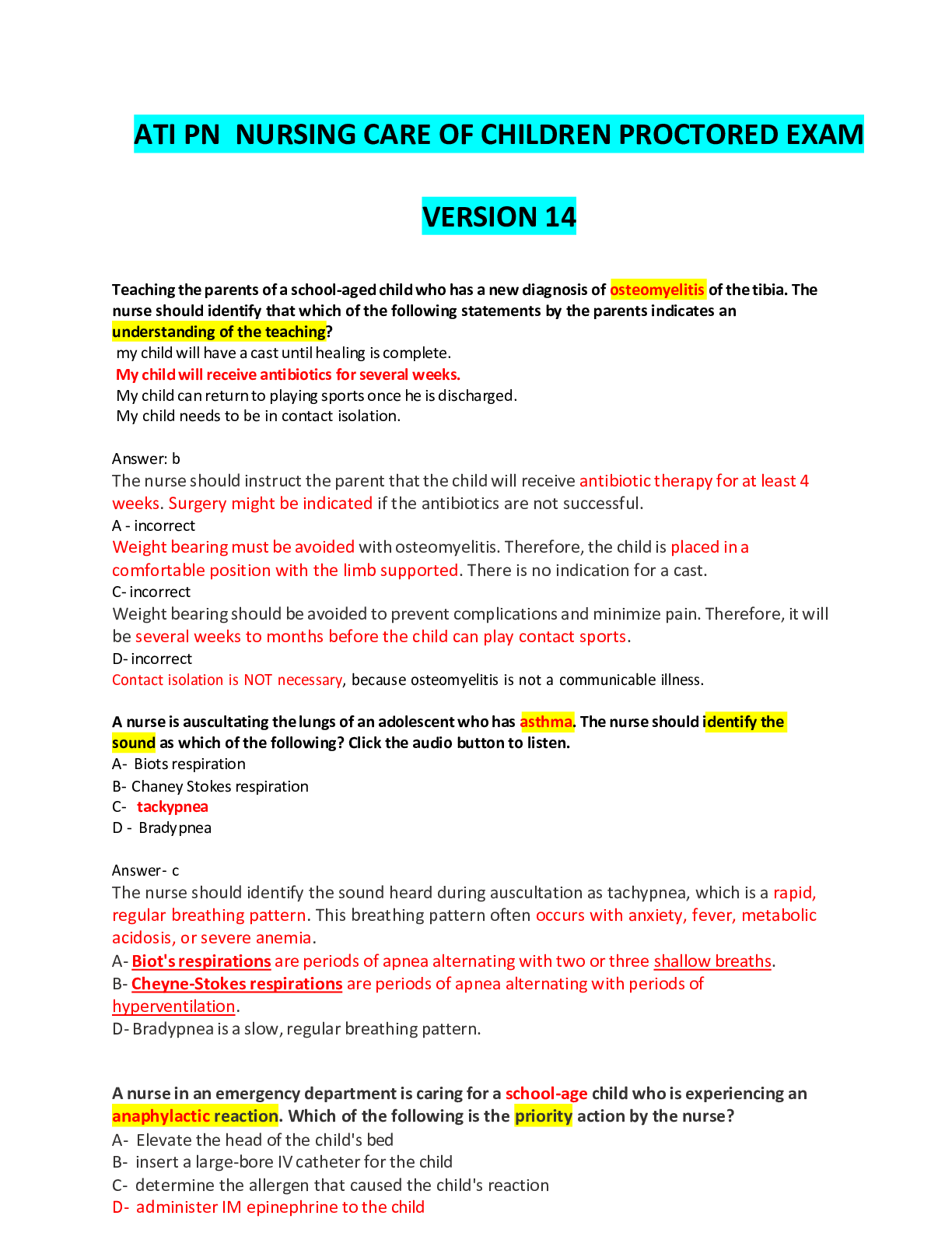 ATI PN Nursing Care Of Children Proctored Exam Version 14 Complete ...
