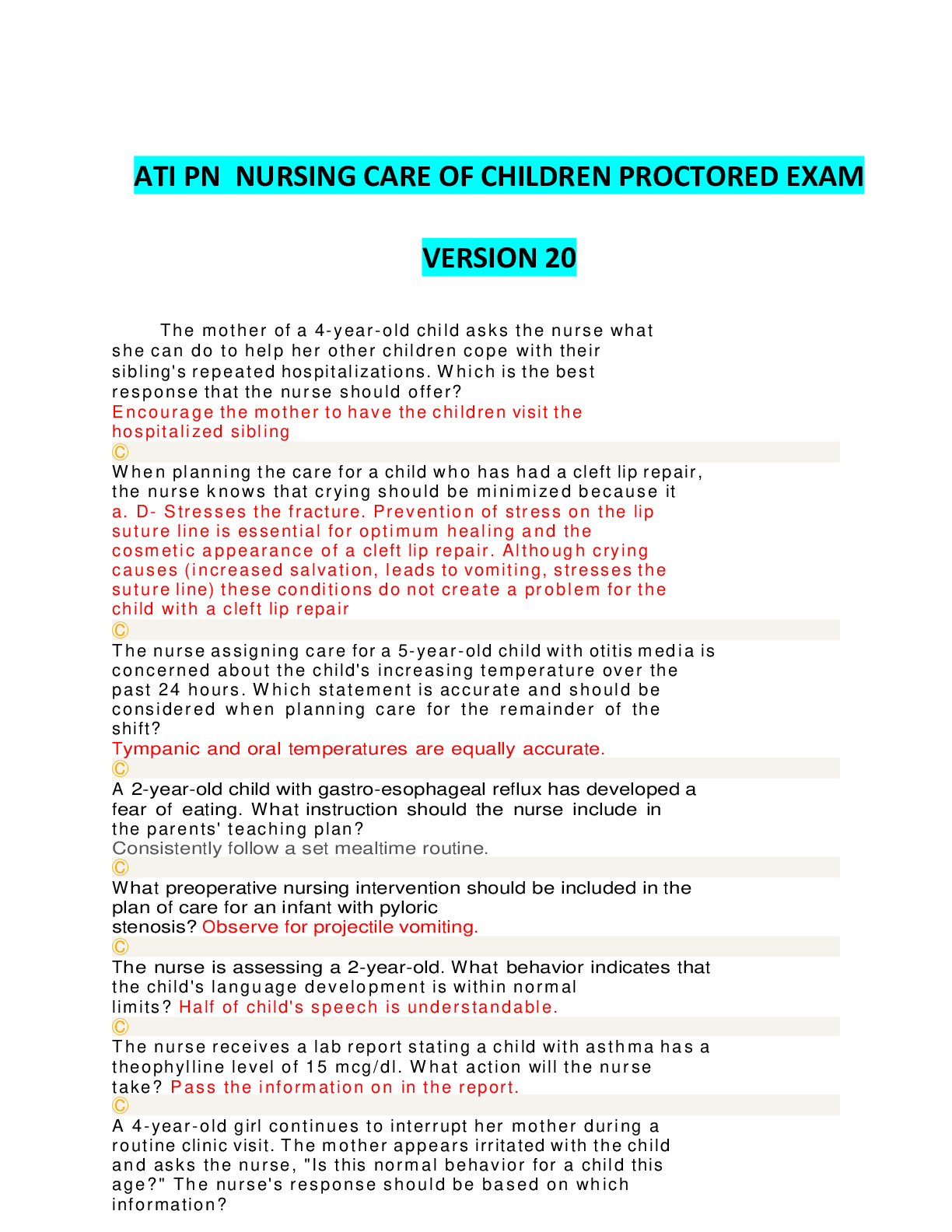 ATI PN Nursing Care Of Children Proctored Exam Version 20 Complete ...