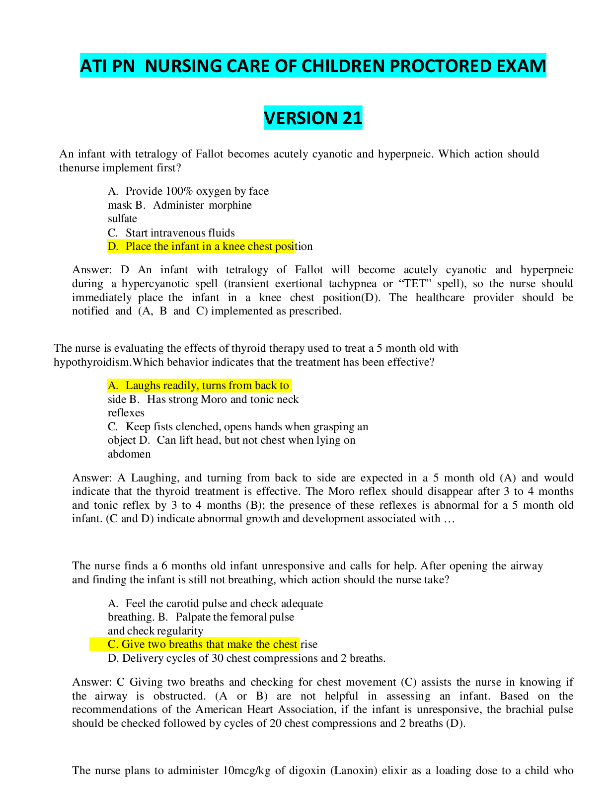 ATI PN Nursing Care Of Children Proctored Exam Version 21 Complete ...
