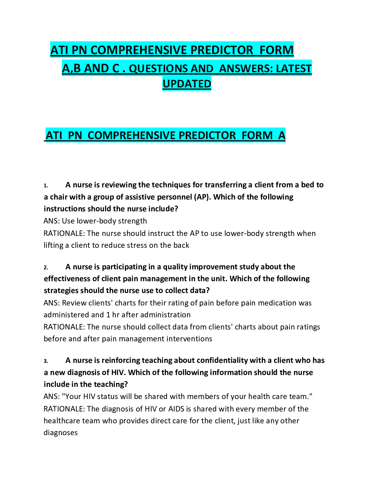 ATI PN COMPREHENSIVE PREDICTOR FORM A,B AND C. Questions & Answers ...