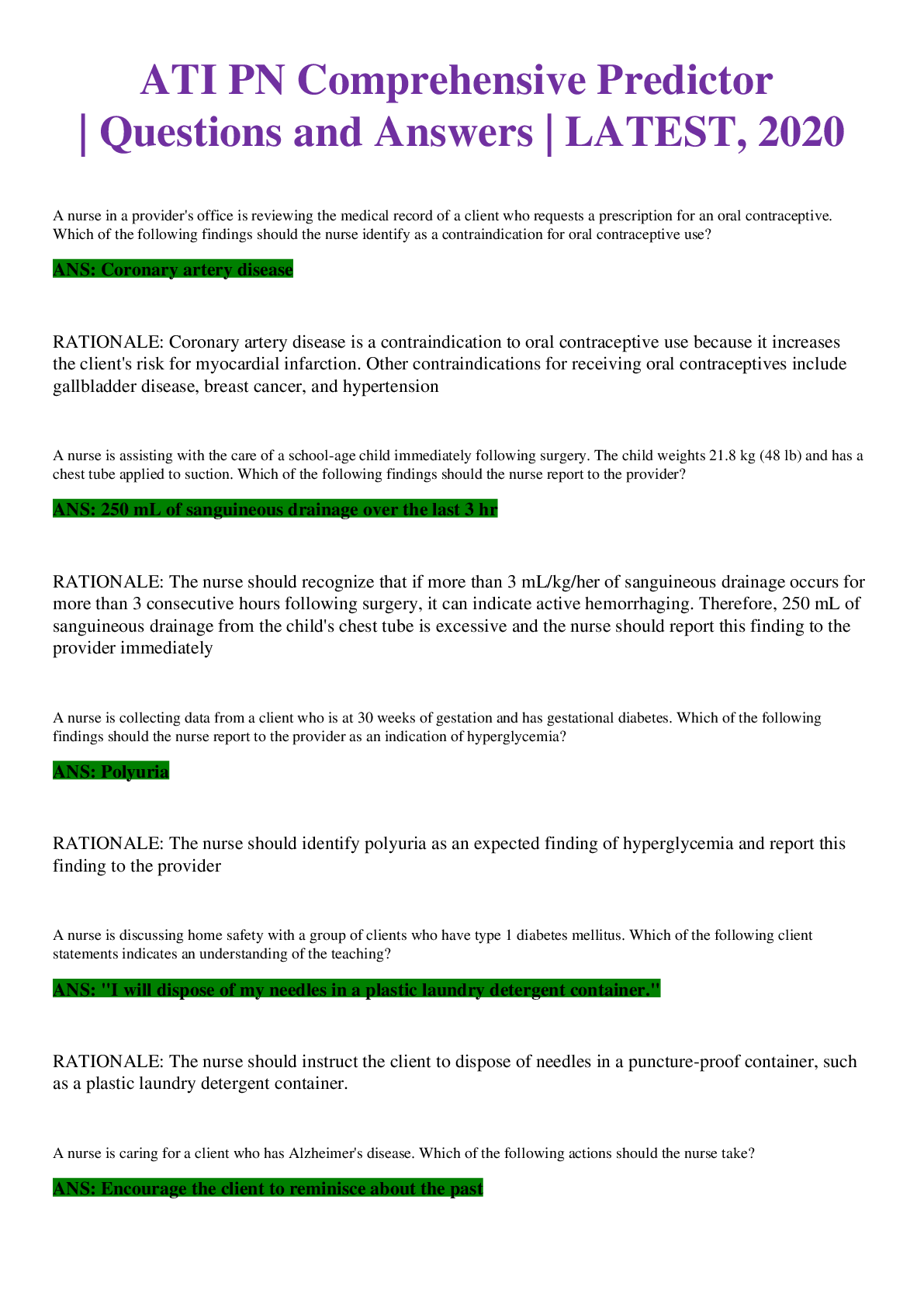 ATI PN Comprehensive Predictor Form A | 150, Questions and Answers ...