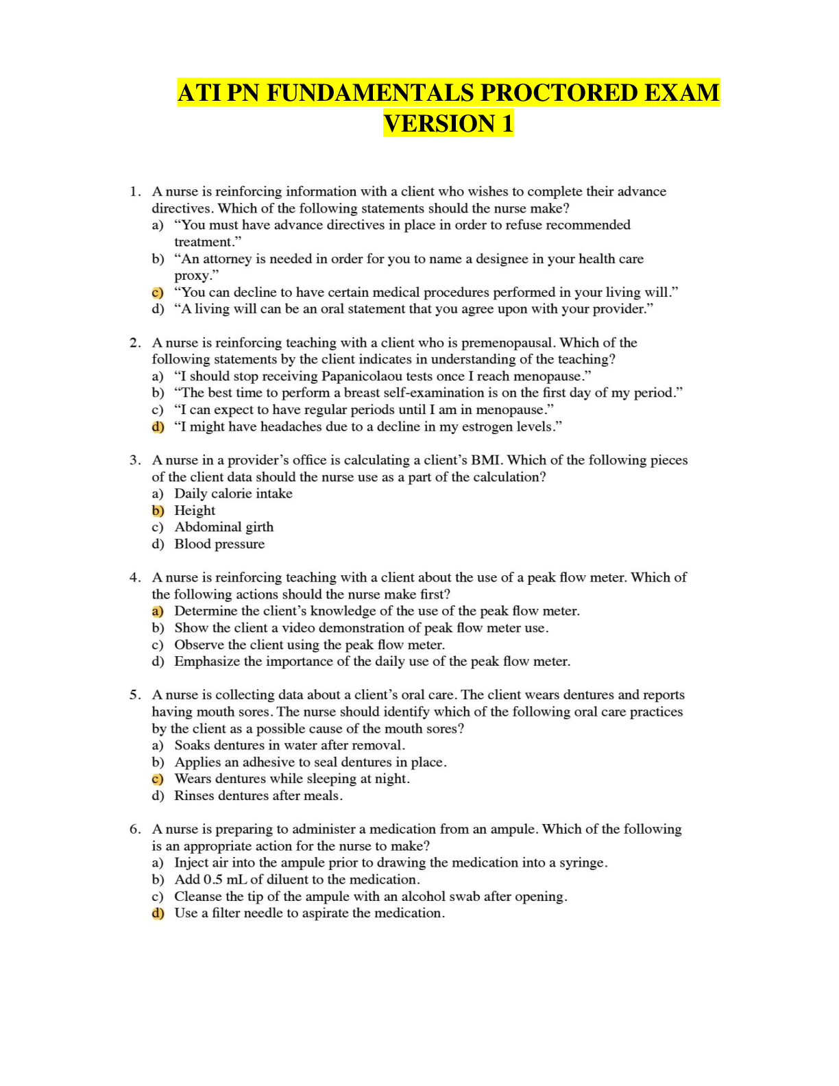ATI PN Fundamentals Proctored Exam Version 1 Complete Questions ...
