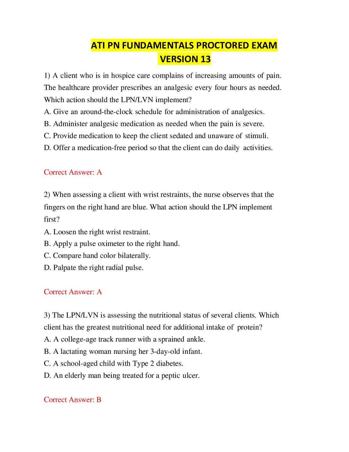 ATI PN Fundamentals Proctored Exam Version 13 Complete Questions ...