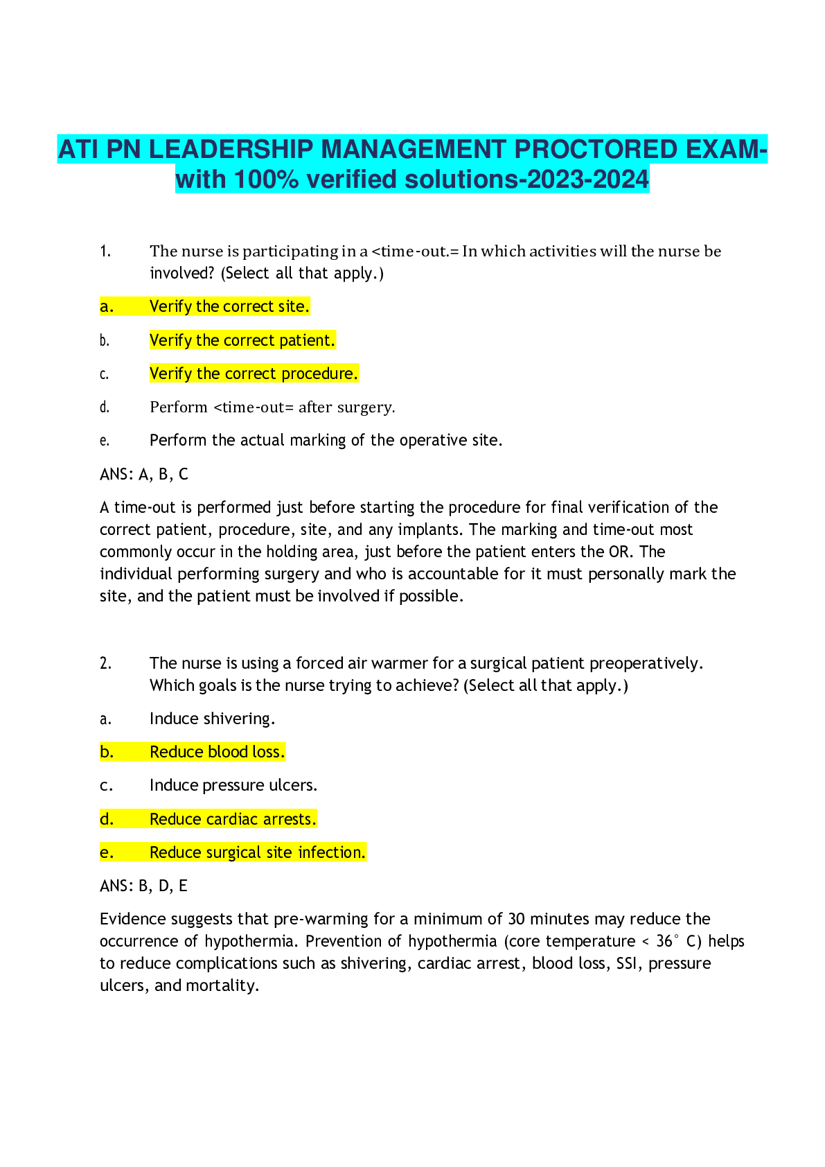 ATI PN LEADERSHIP MANAGEMENT PROCTORED EXAM-with 100% verified ...