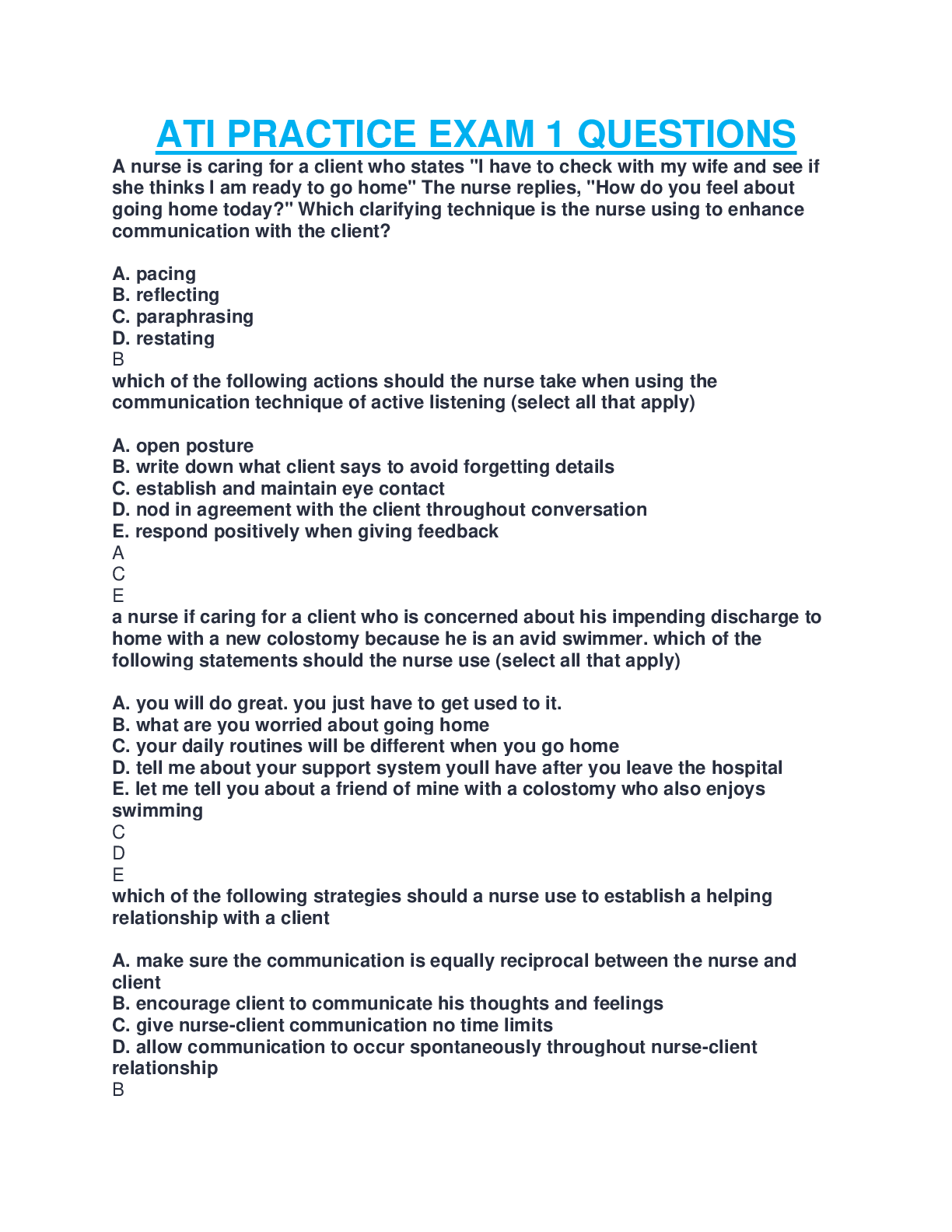 ATI PRACTICE EXAM 1 QUESTIONS AND ANSWERS COMPLETE GUIDE SOLUTION TO ...
