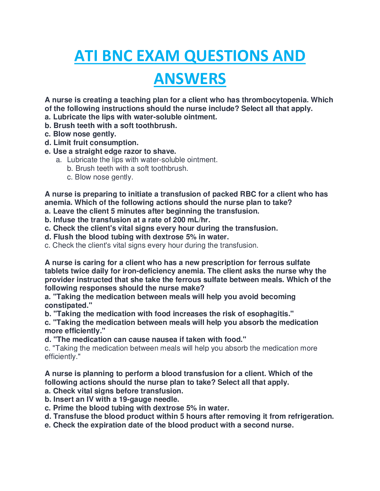 ATI BNC EXAM QUESTIONS WITH CORRECT ANSWERS TO EASE IN YOUR EXAM ...