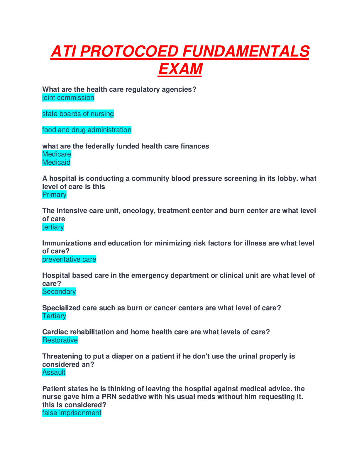 ATI PROCTORED EXAM QUESTIONS AND ANSWERS COMPLETE GUIDE ...