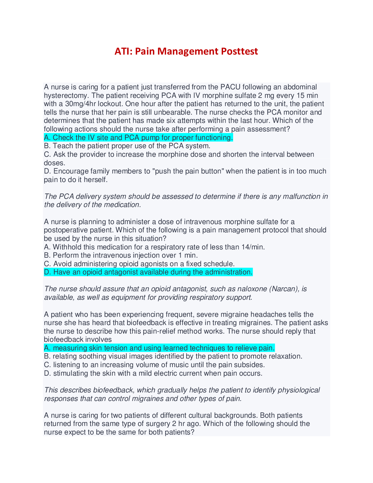 ATI: Pain Management Posttest (Answered with Explanations ...