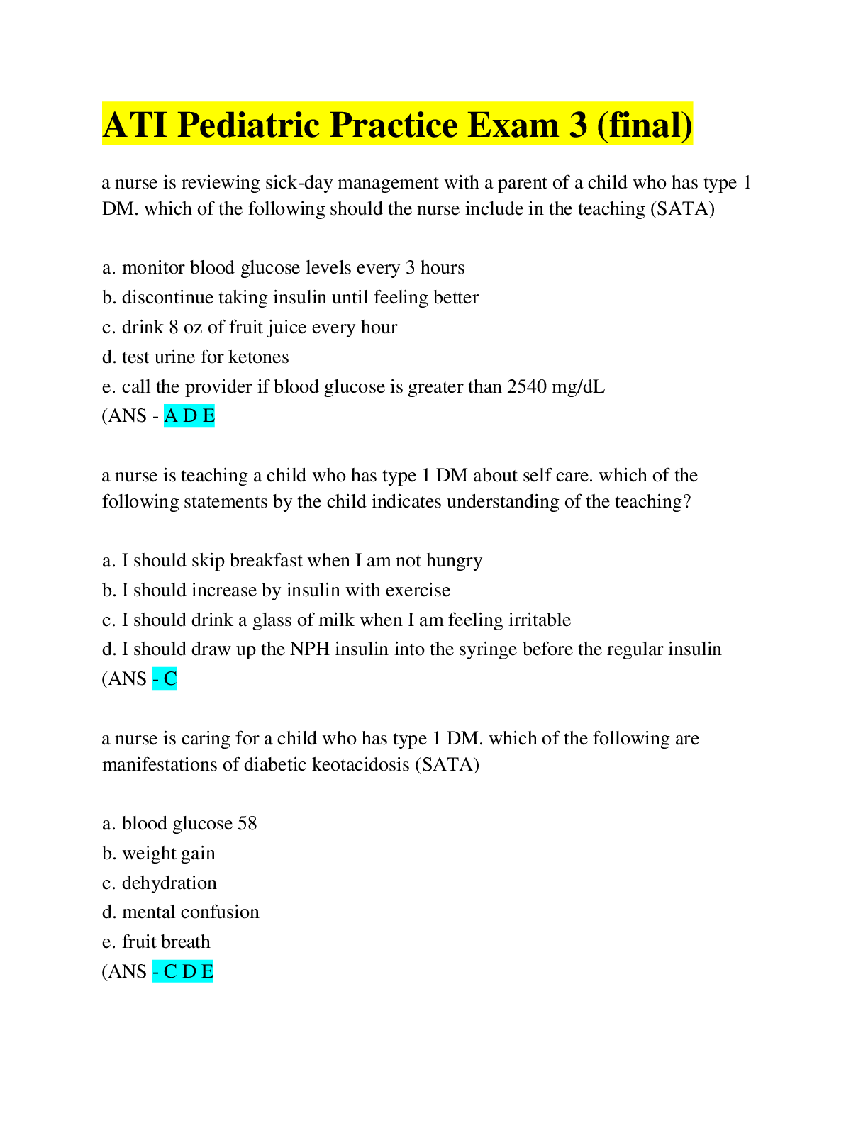 ATI Pediatric Practice Exam 3 (final) / Latest Updated 2022/Graded A ...