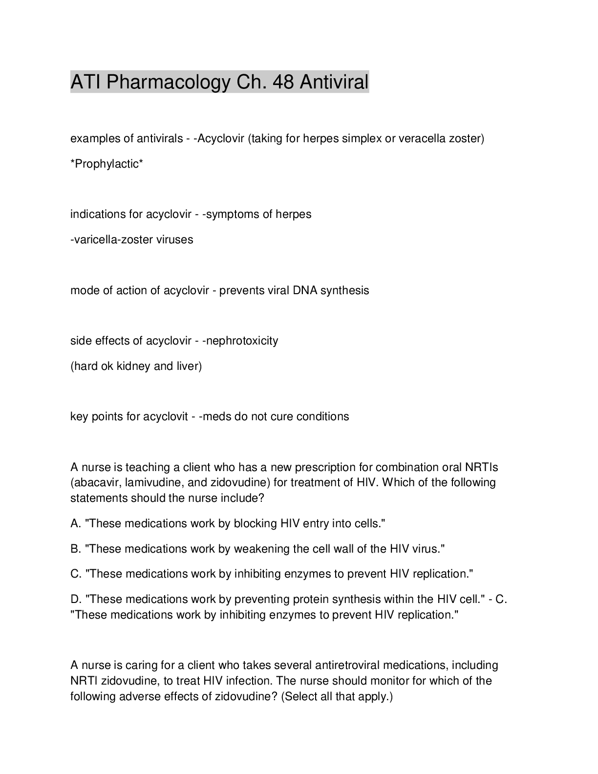 ATI Pharmacology Ch. 48 Antiviral – Scholarfriends - Scholarfriends