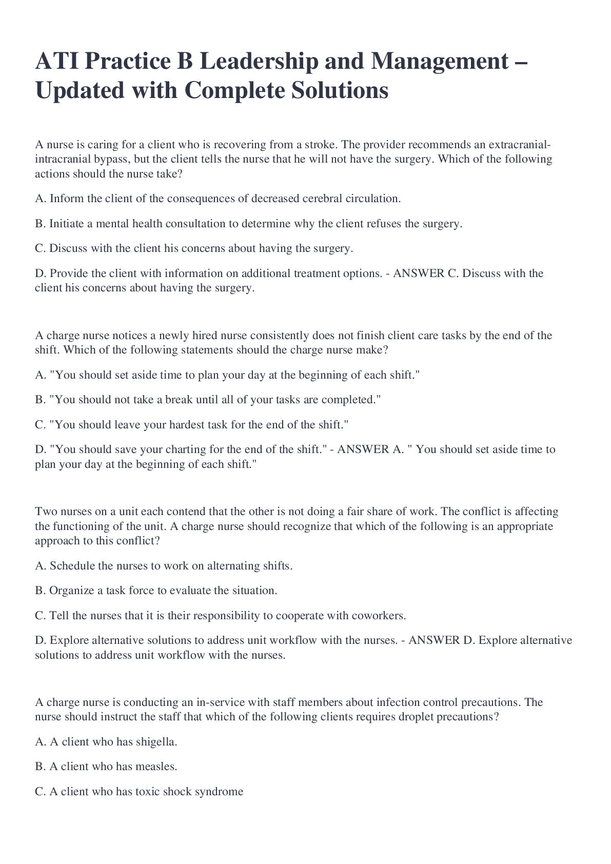 ATI Practice B Leadership and Management – Updated with Complete ...