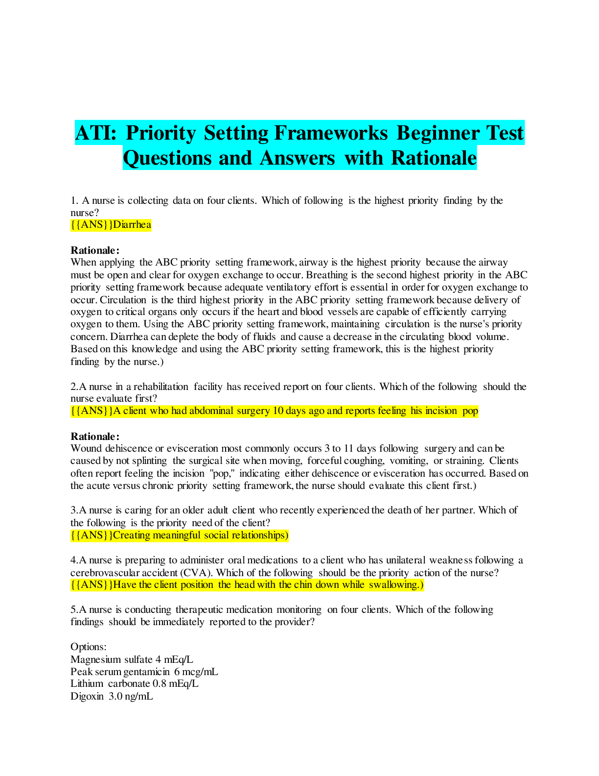 ATI: Priority Setting Frameworks Beginner Test Answered All Correctly ...