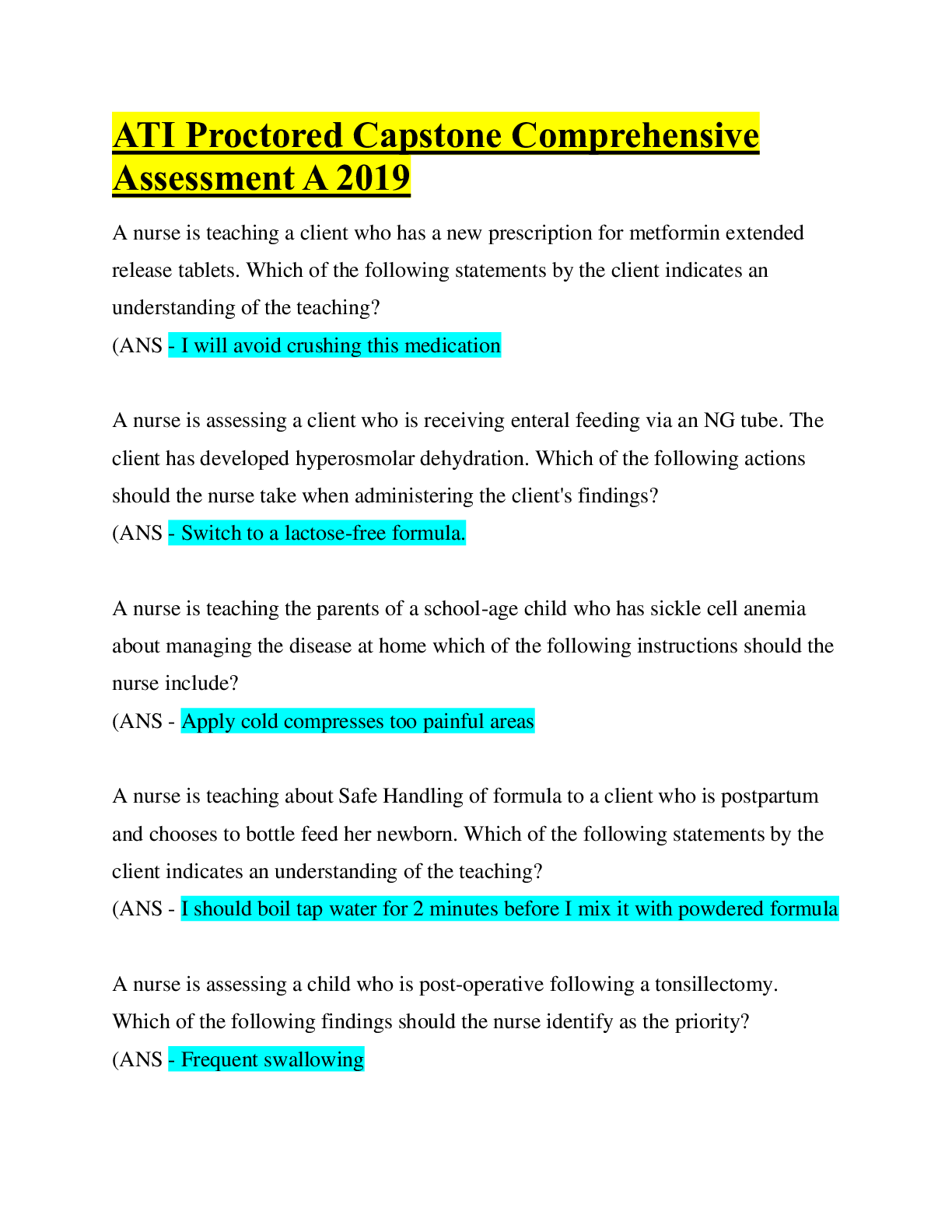 RN ATI Proctored Capstone Comprehensive Assessment A 2019/ Latest ...