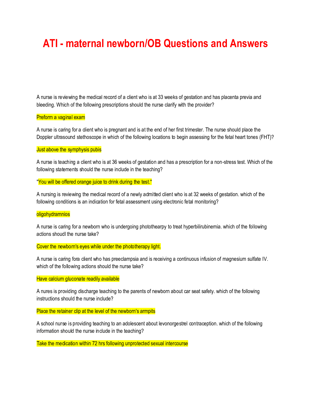 ATI - maternal newborn/OB Questions and Answers - Scholarfriends