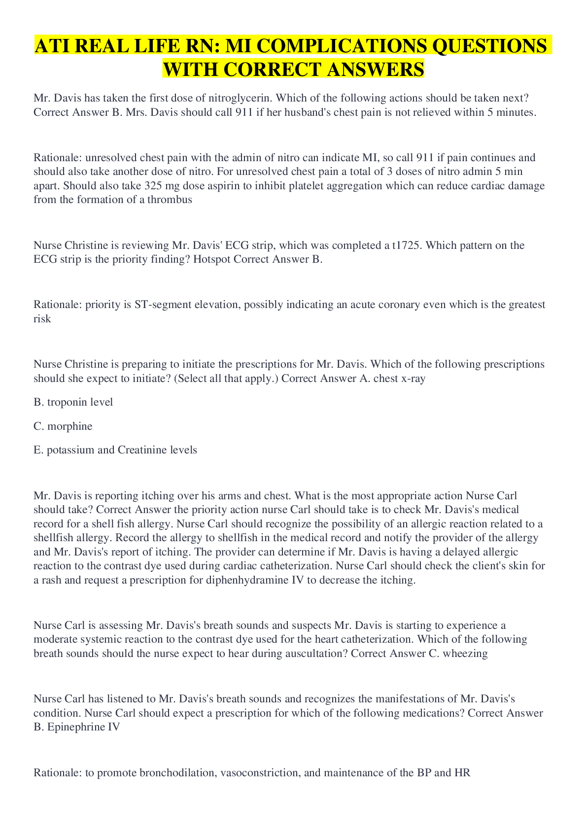 ATI REAL LIFE RN: MI COMPLICATIONS QUESTIONS WITH CORRECT ANSWERS ...