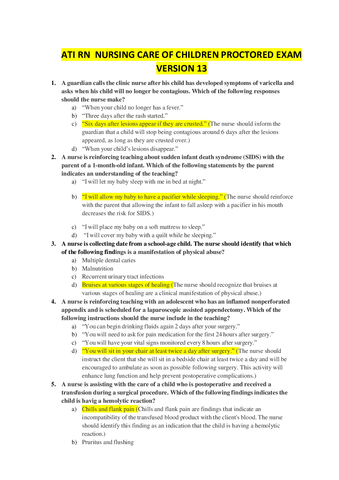 ATI RN Nursing Care Of Children Proctored Exam Version 13 Complete ...