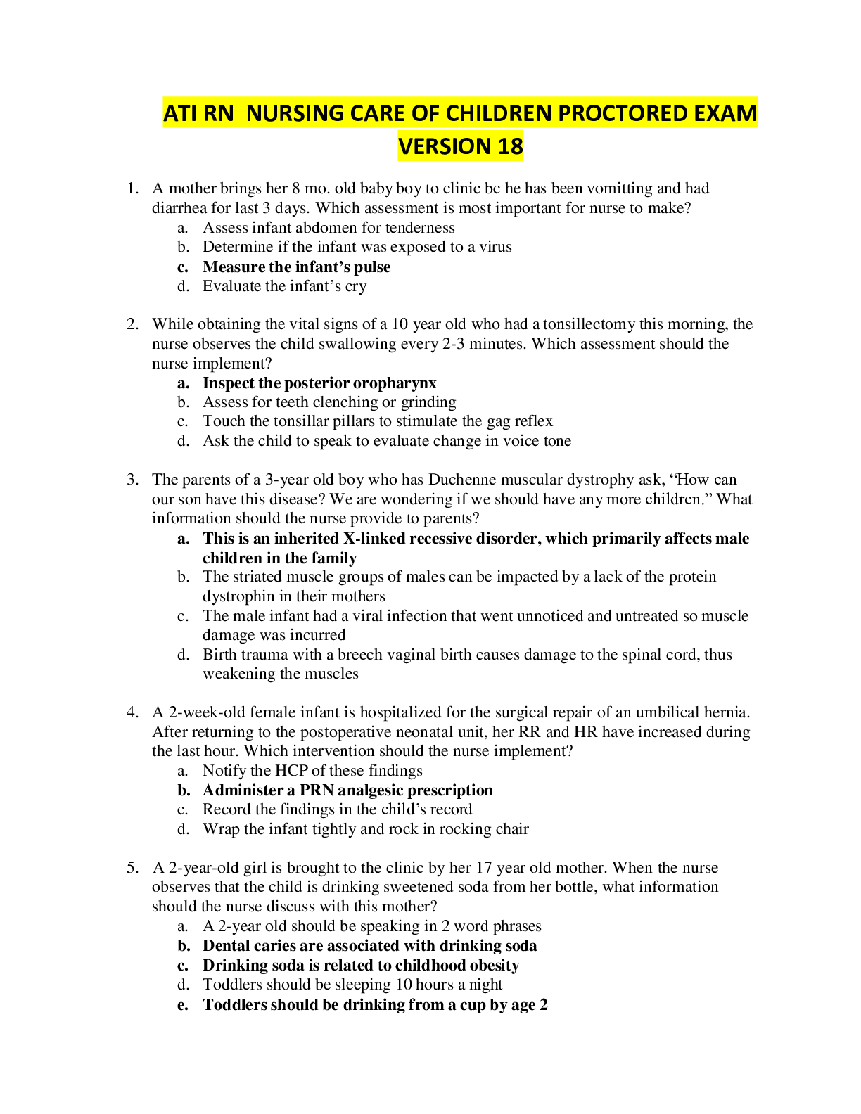 ATI RN Nursing Care Of Children Proctored Exam Version 18 Complete ...