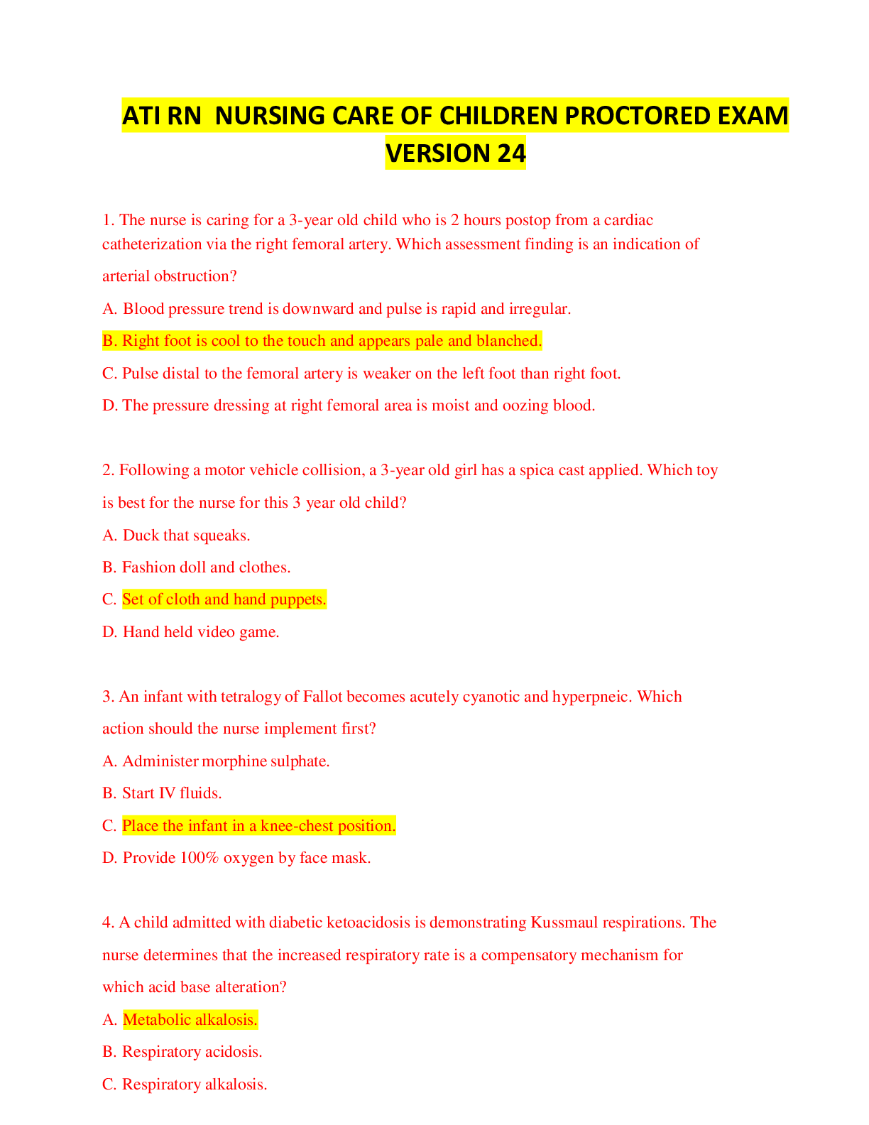 ATI RN Nursing Care Of Children Proctored Exam Version 24 Complete ...