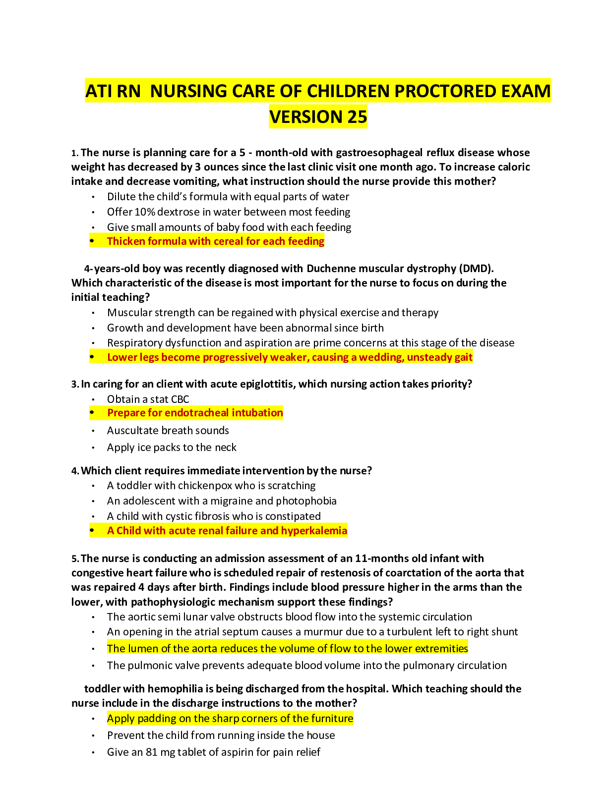 ATI RN Nursing Care Of Children Proctored Exam Version 25 Complete ...