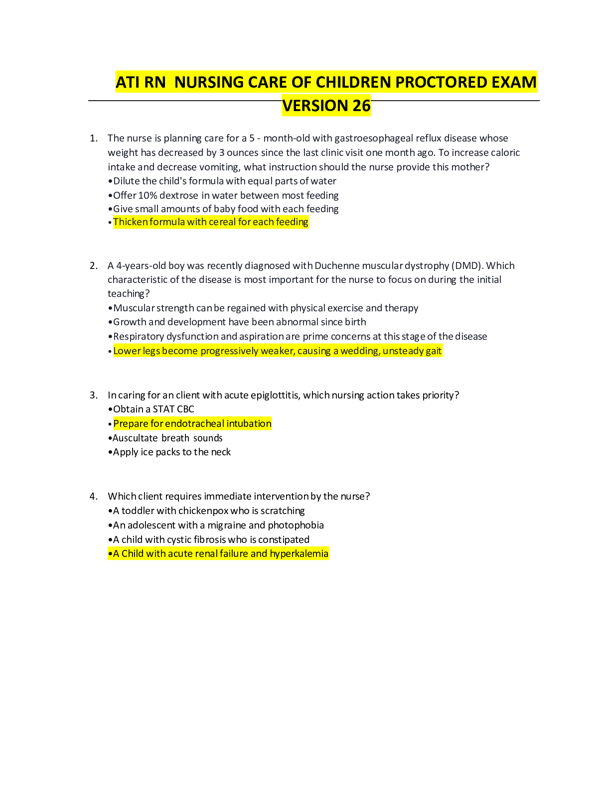 ATI RN Nursing Care Of Children Proctored Exam Version 26 Complete ...