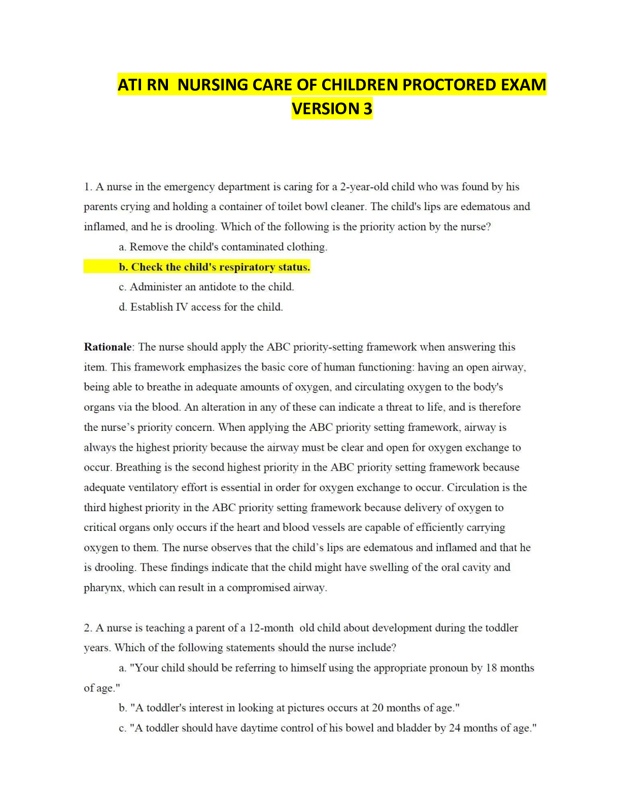 ATI RN Nursing Care Of Children Proctored Exam Version 3 Complete ...