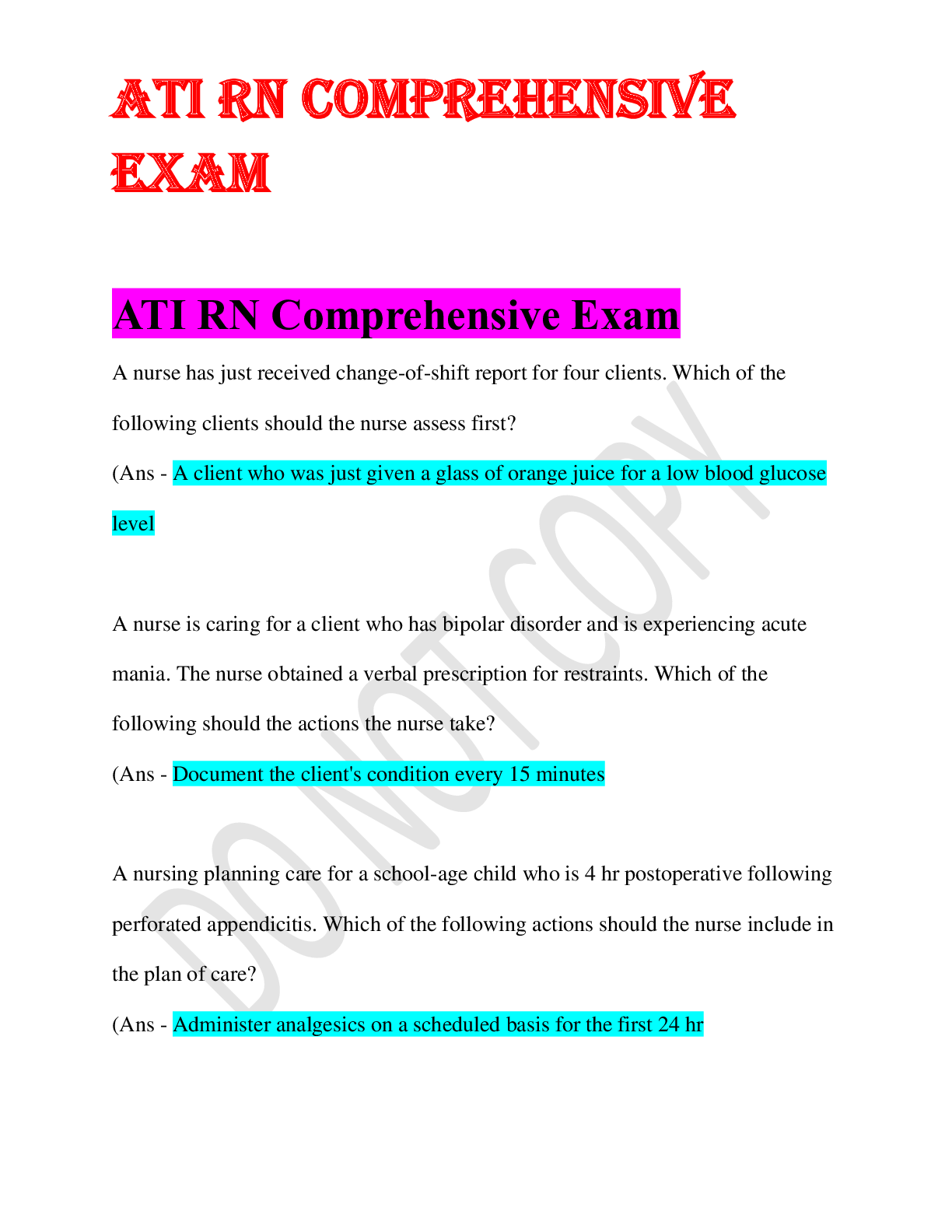 ATI RN Comprehensive Exam ;Latest A+Score Solution; Questions & Answers ...