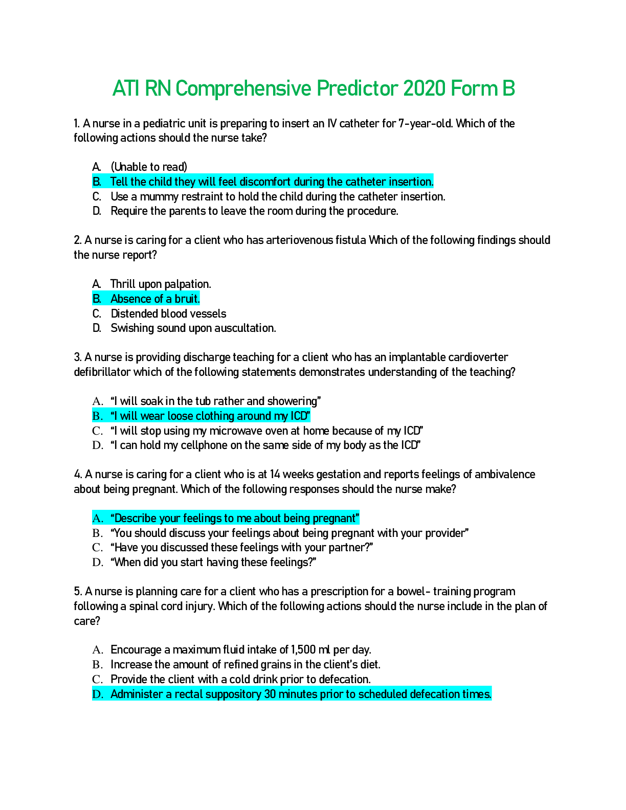 ATI RN Comprehensive Predictor 2020 Form B 180 Questions and Answers ...