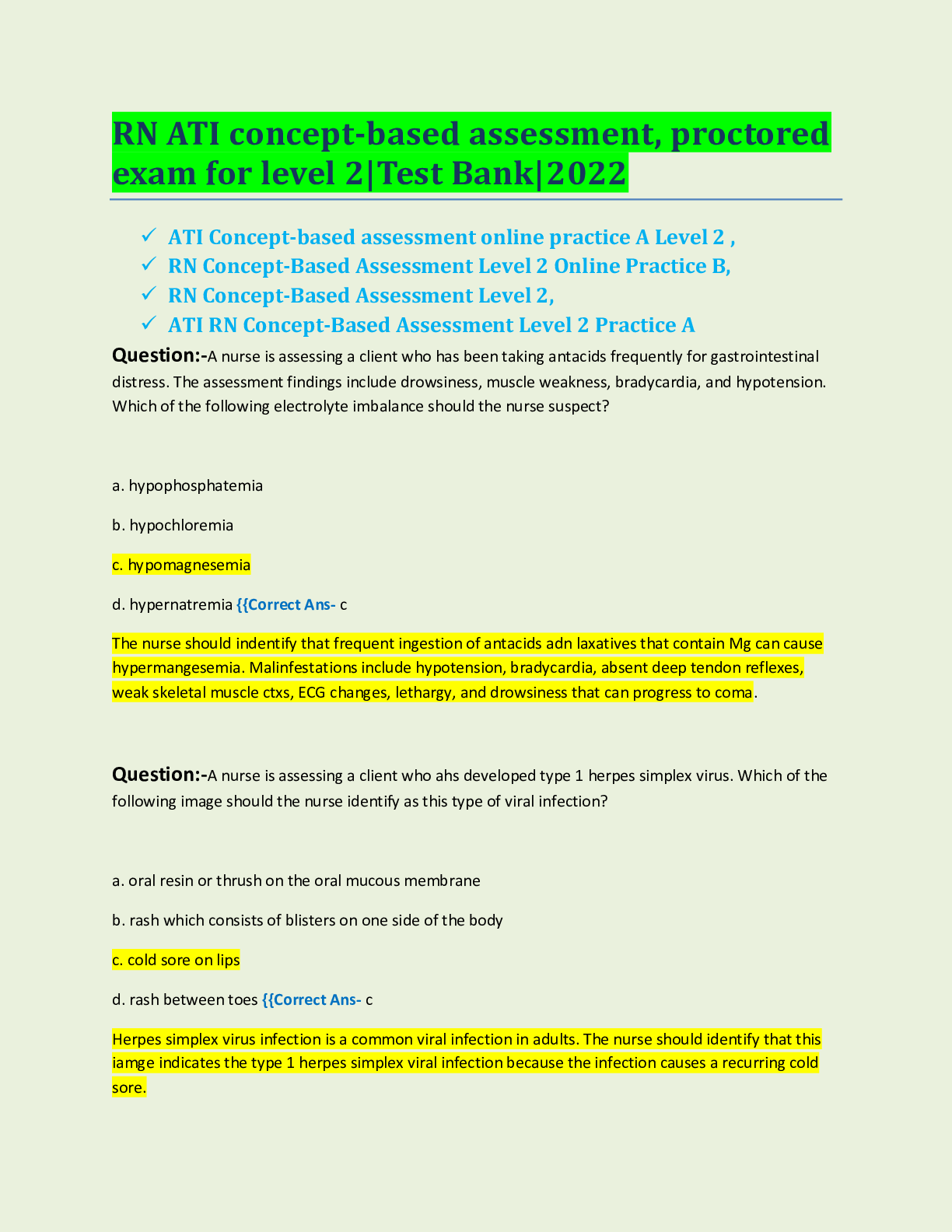 RN ATI concept-based assessment, proctored exam for level 2|Test Bank ...