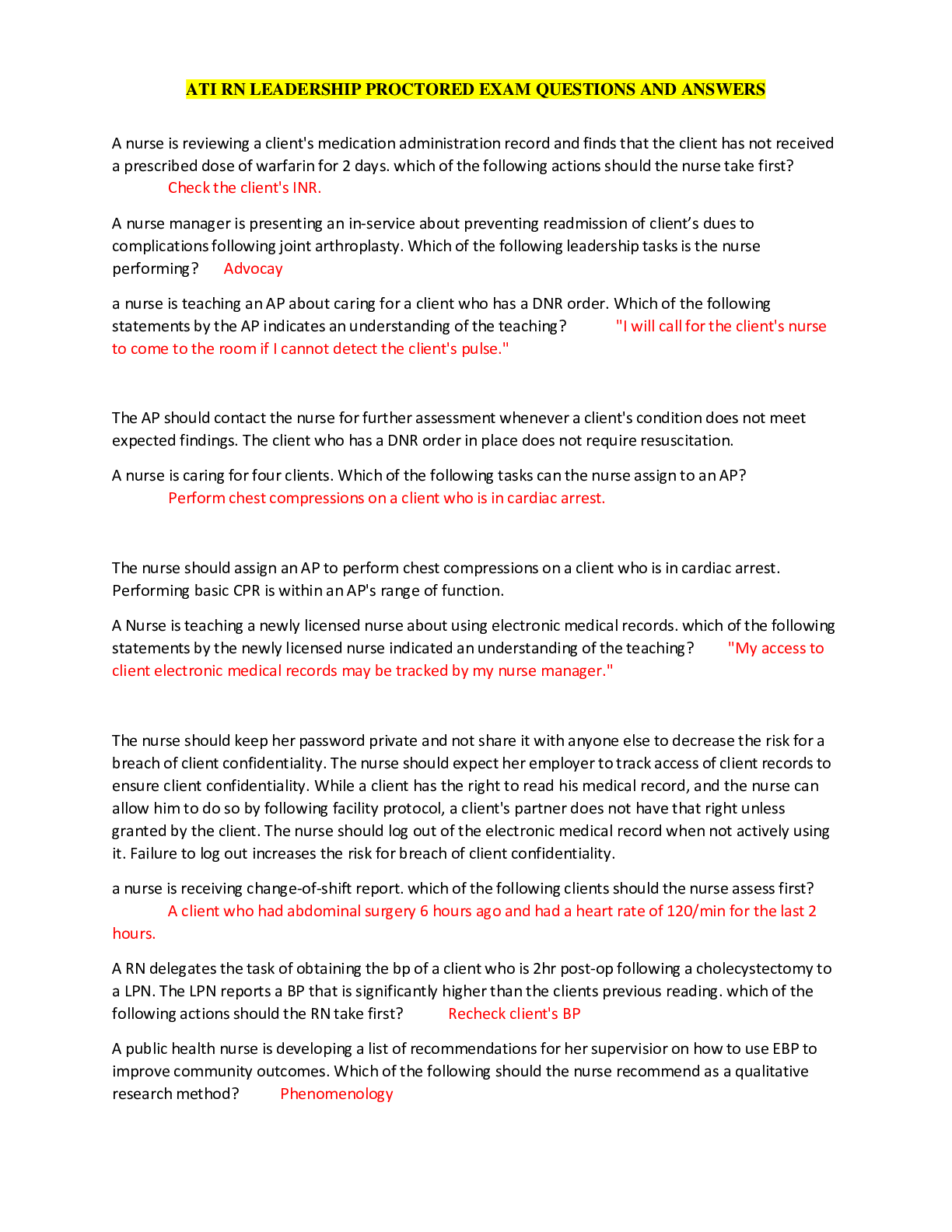 ATI RN LEADERSHIP PROCTORED EXAM 2019 VERSION 1 GUIDE - Scholarfriends