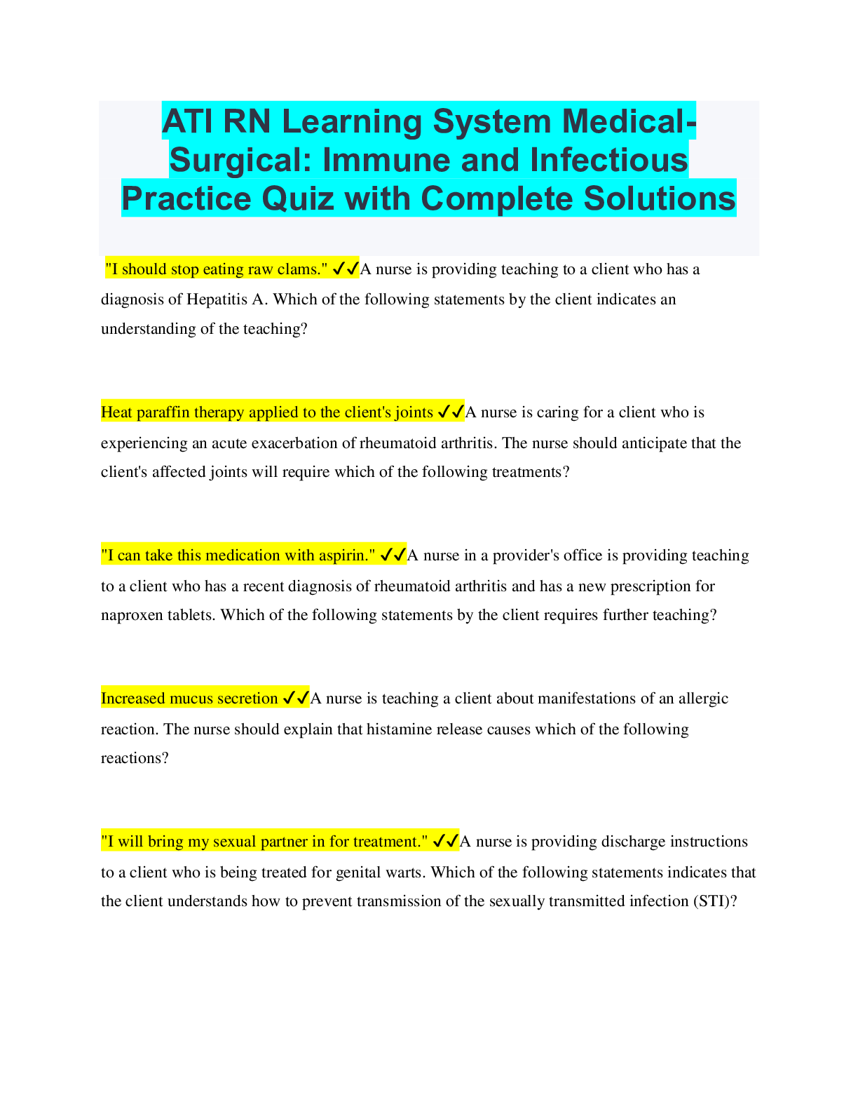ATI RN Learning System MedicalSurgical: Immune and Infectious Practice ...