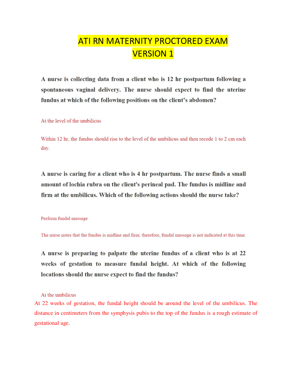 ATI RN Maternity Proctored Exam Version 1 Complete Questions & Answers ...