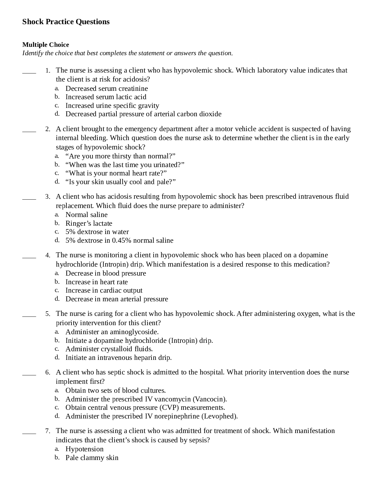 ATI Shock Practice Questions and Answers - Scholarfriends