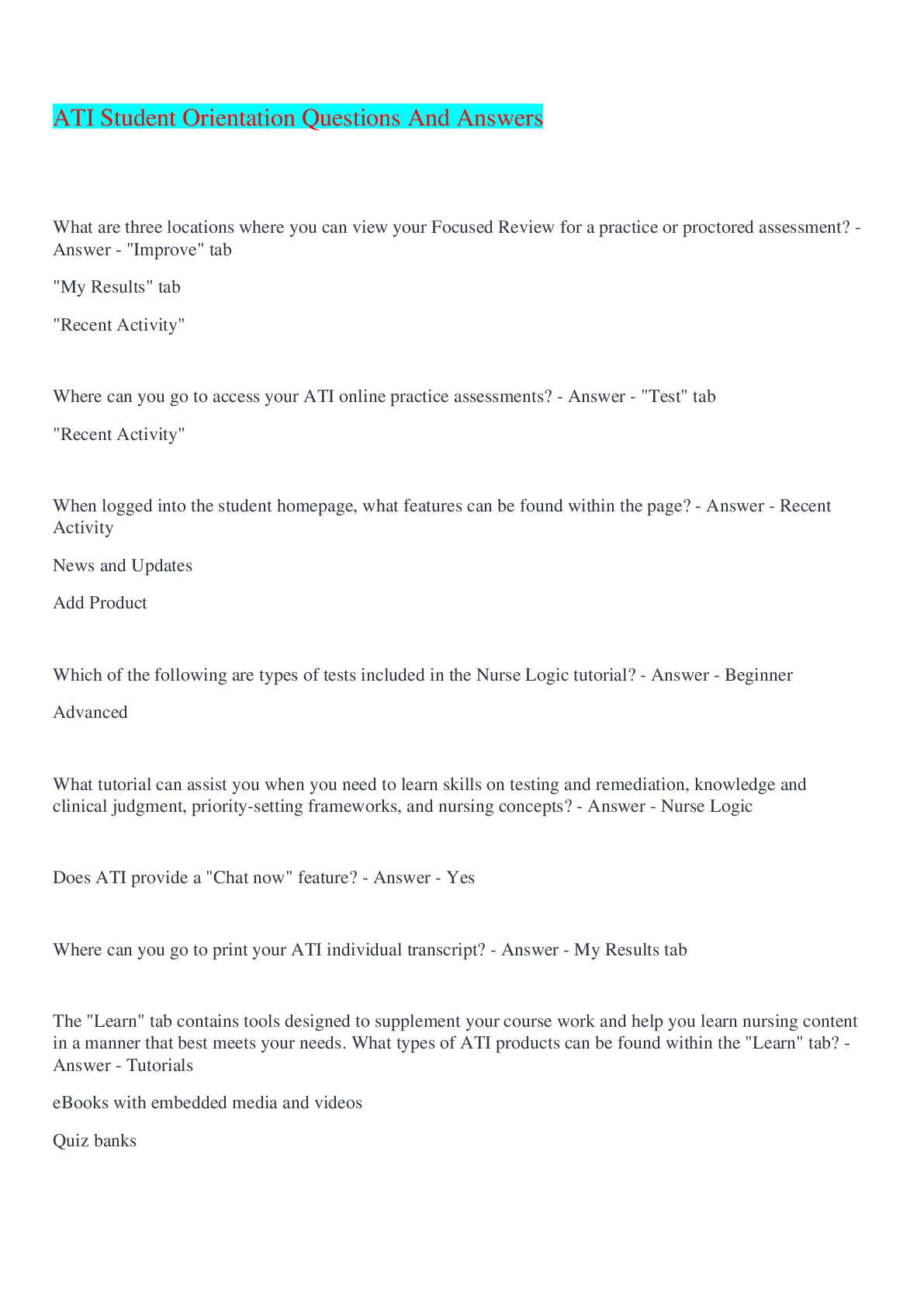 ATI Student Orientation Questions And Answers 2022/2023 - Scholarfriends