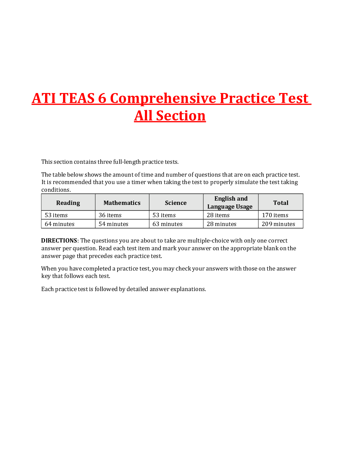 ATI TEAS 6 Comprehensive Practice Test All Section Complete Questions ...