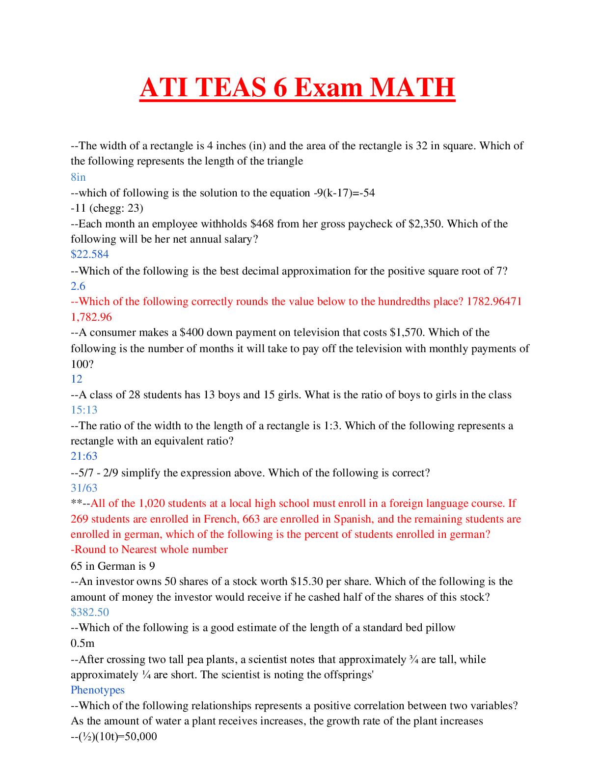 2022 -2023 ATI TEAS 6 Exam MATH Complete Questions & Answers with ...