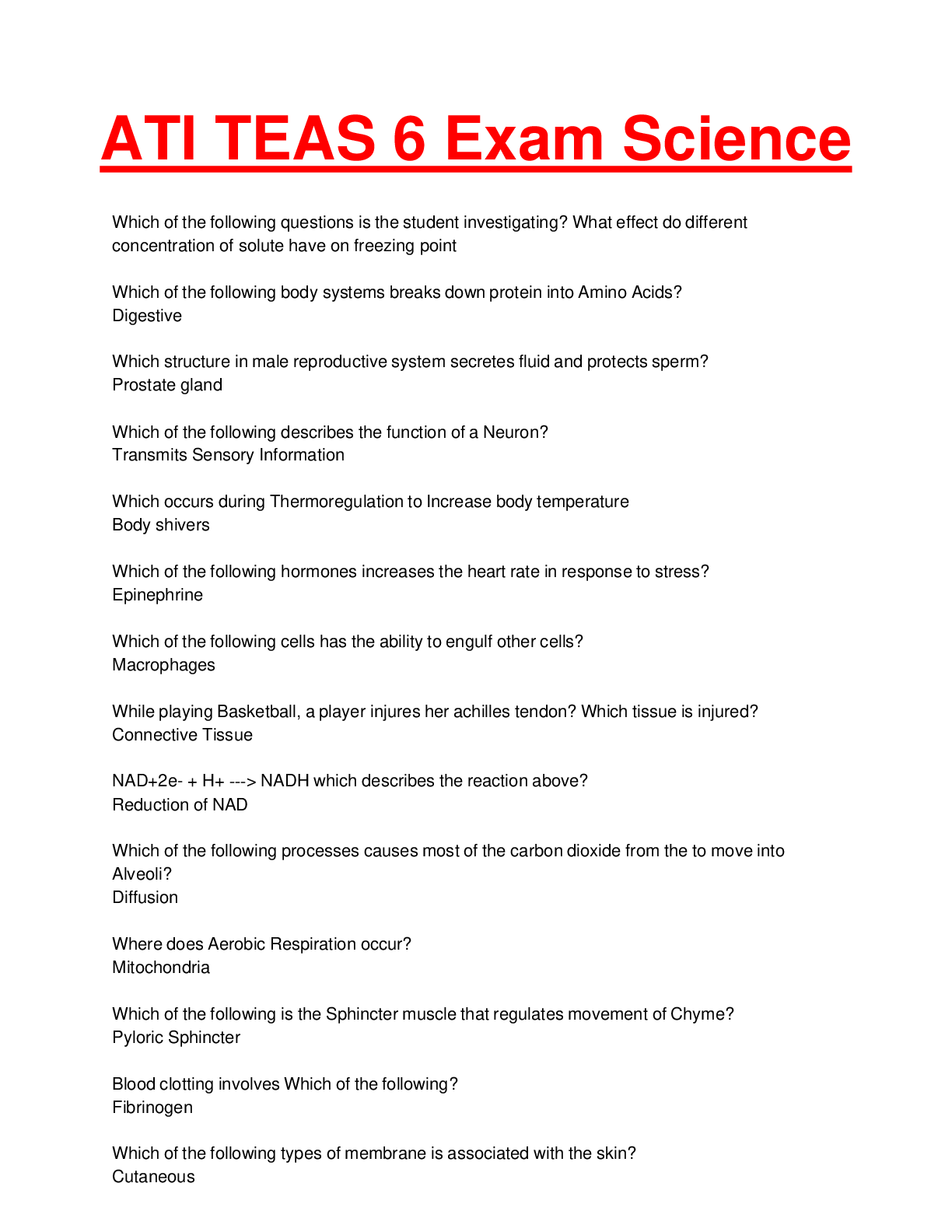 2022 -2023 ATI TEAS 6 Exam Science Complete Questions & Answers with ...