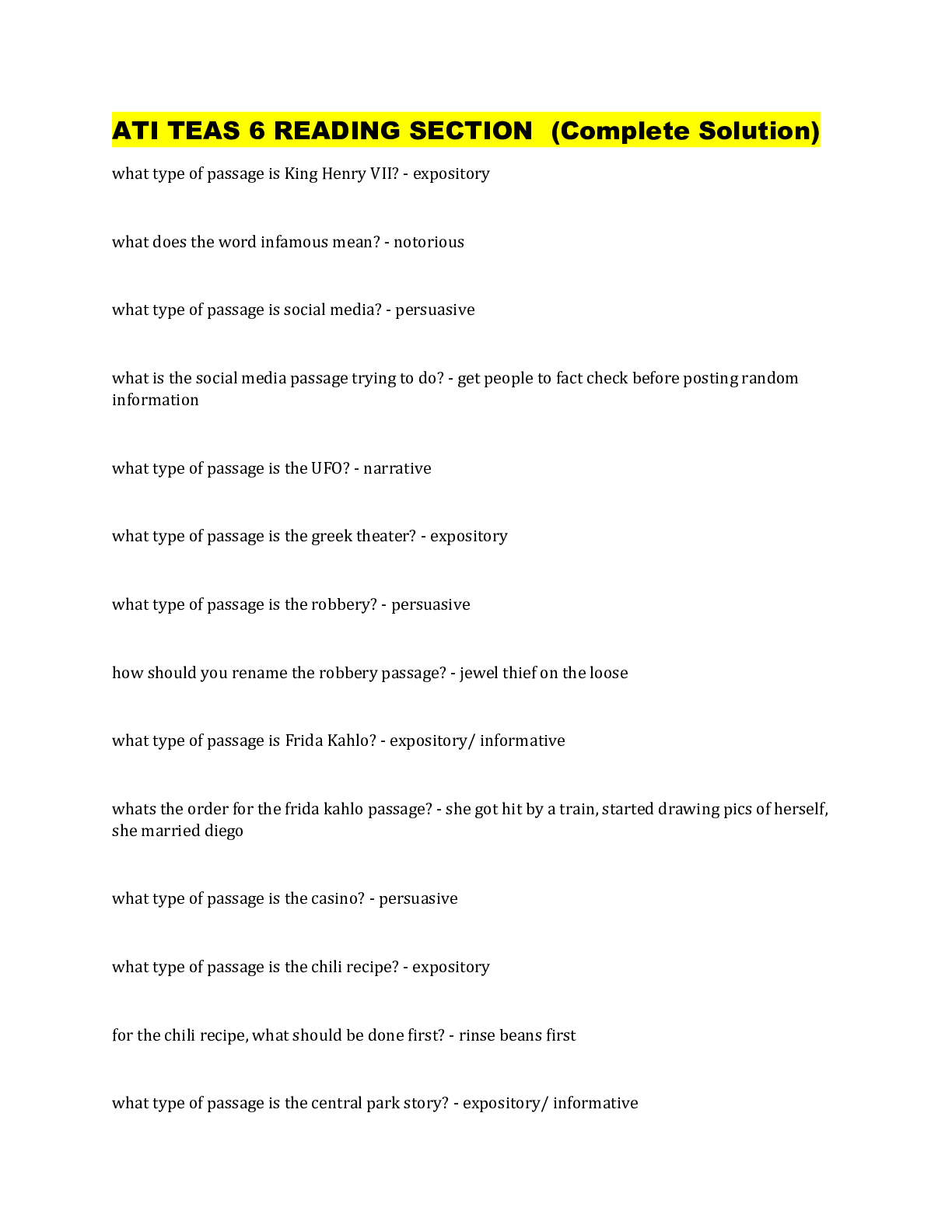 ATI TEAS 6 READING SECTION (Complete Solution) - Scholarfriends