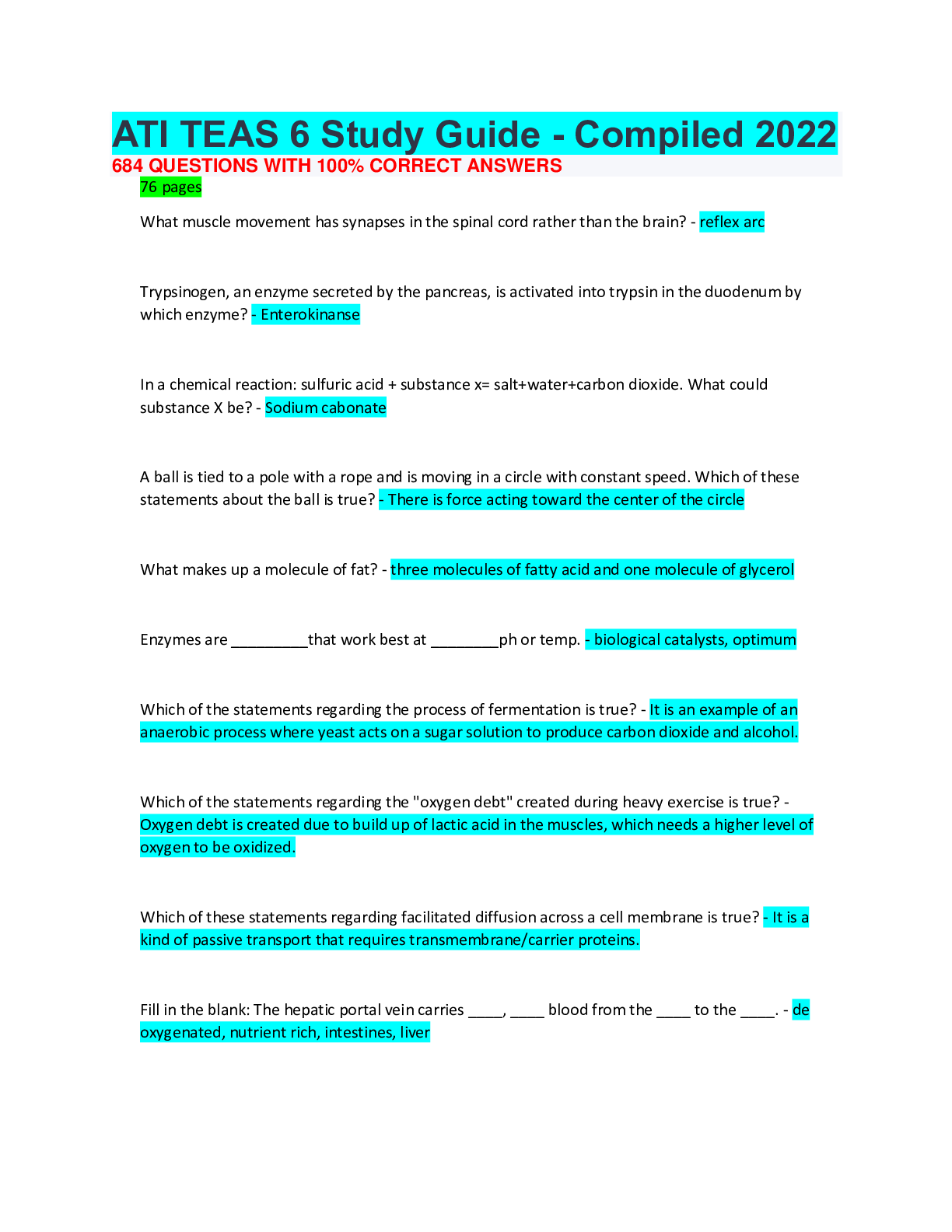 ATI TEAS 6 Study Guide - Compiled 2022 684 QUESTIONS WITH 100% CORRECT ...