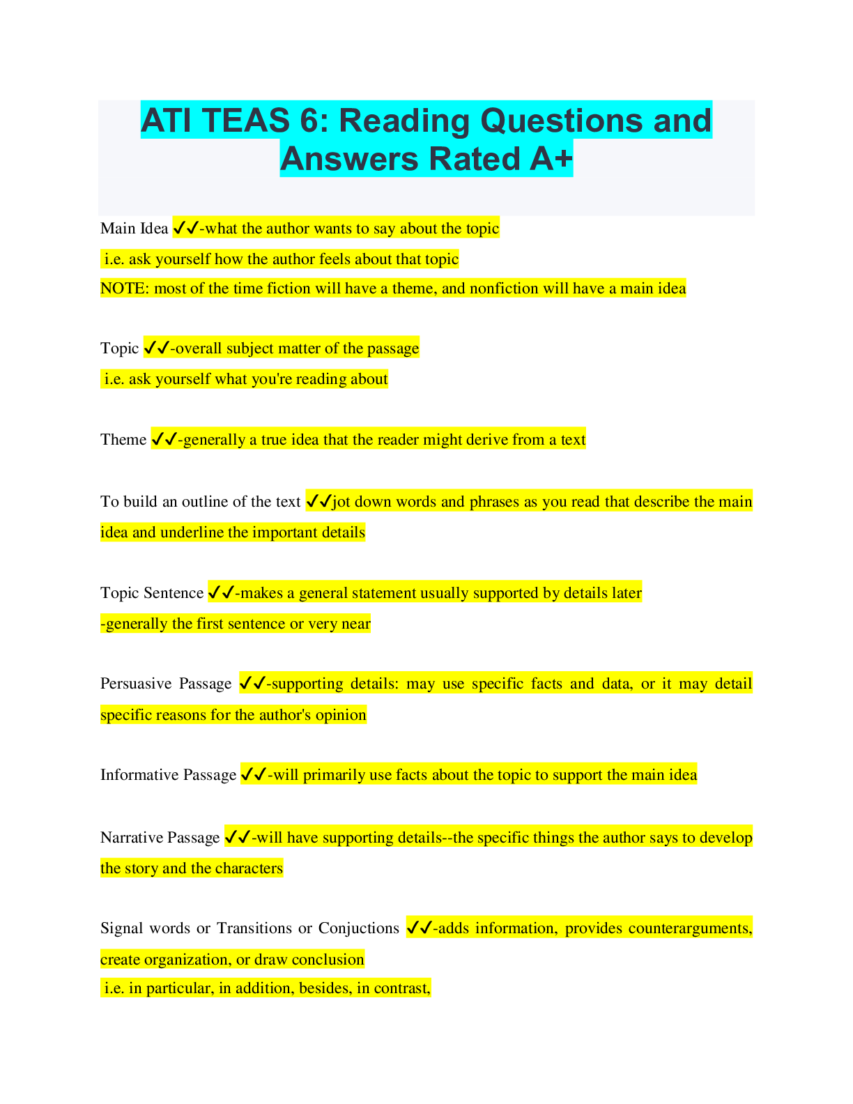 ATI TEAS 6: Reading Questions and Answers Rated A+ – Scholarfriends ...