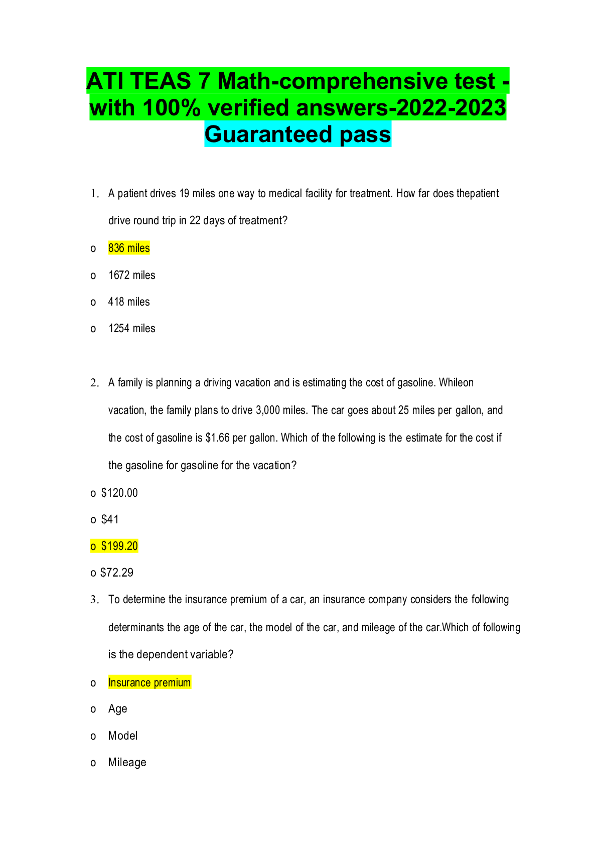 ATI TEAS 7 Math-comprehensive test -with 100% verified answers-2022 ...
